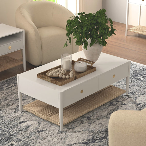 Cleo Coffee Table in Coconut Milk with Woven Shelf | Alpine – Alpine ...